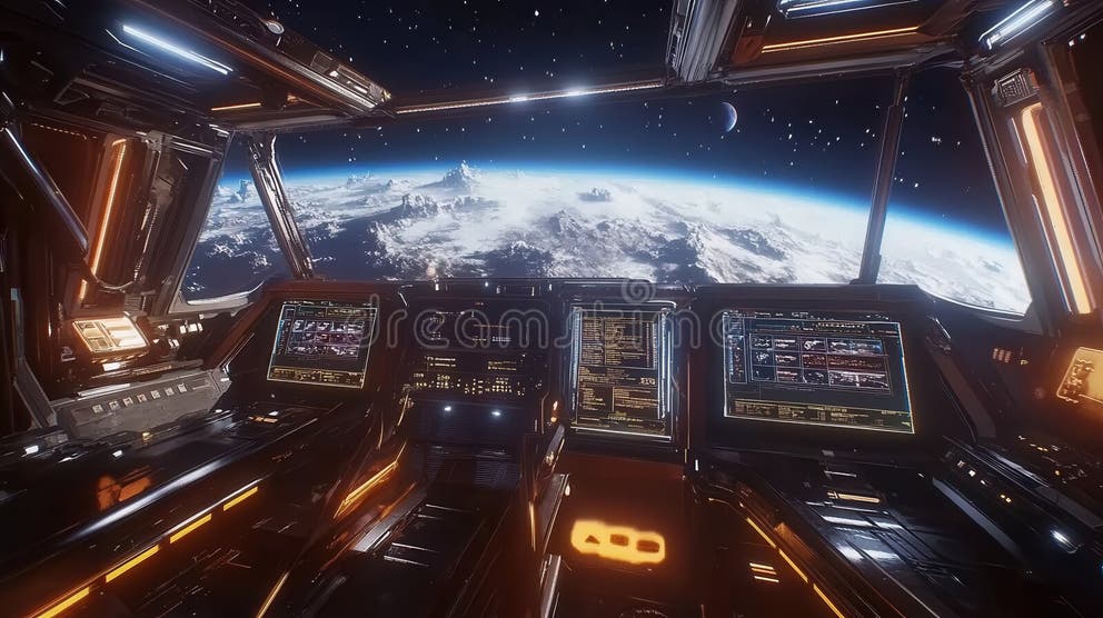 A Futuristic Spacecraft Cockpit Overlooking a Planet from Space Stock ...