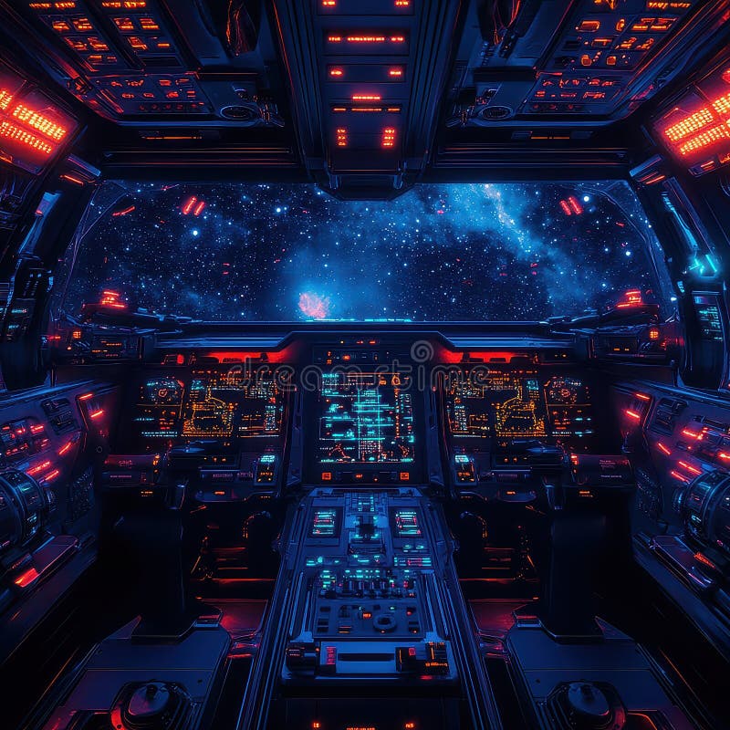 Futuristic Spacecraft Cockpit with Vibrant Controls and Starfield Stock ...
