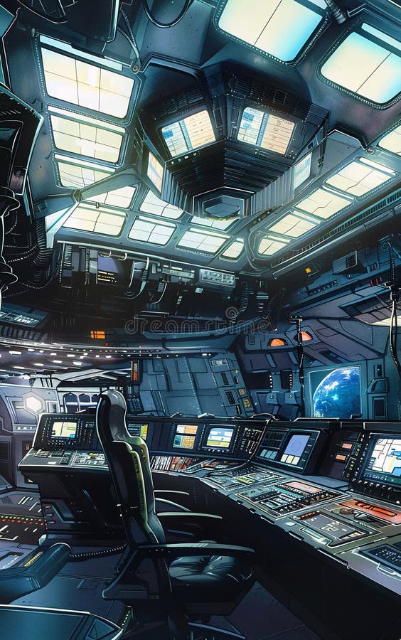 A Futuristic Spacecraft Command Center Filled with Control Panels and ...