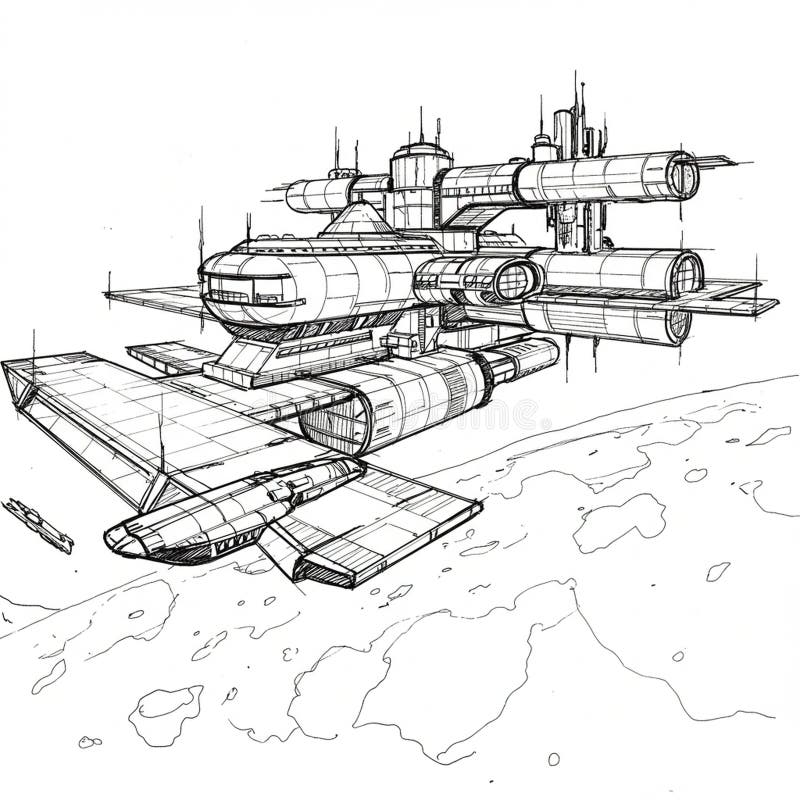 Futuristic Spacecraft Concept Sketch Showcasing a Large, Complex ...