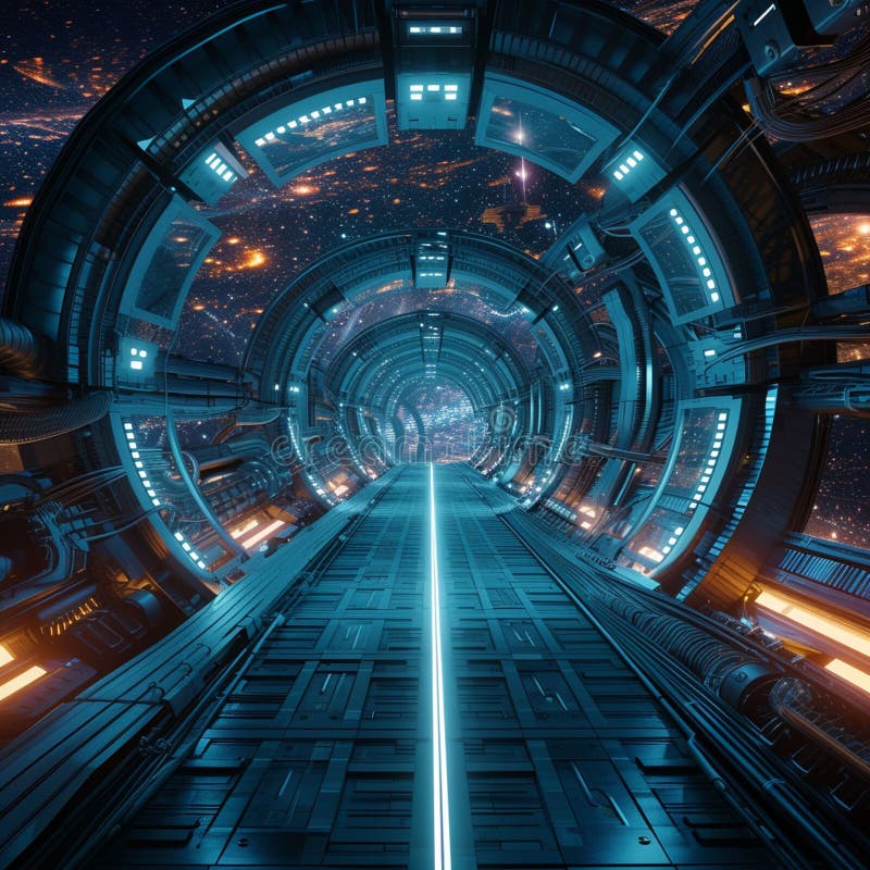 Futuristic Spacecraft Corridor with Glowing Lights and Starry View ...