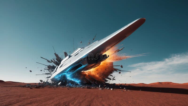 Futuristic Spacecraft Crashing and Exploding in a Desolate Landscape ...