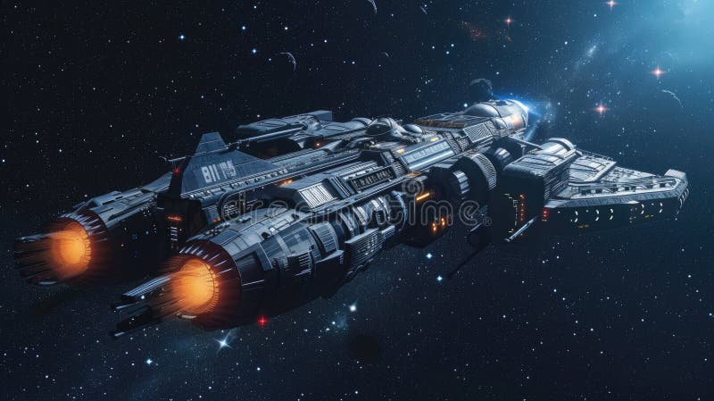 Futuristic Spacecraft in Deep Space, Rear View of Alien Spaceship ...