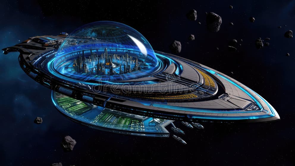 Futuristic Spacecraft Exploring an Asteroid Field in Deep Space with ...