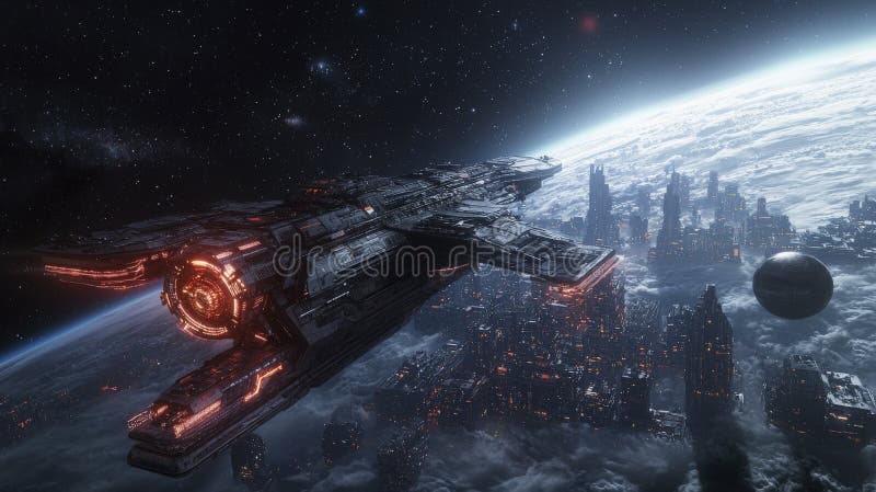 Futuristic Spacecraft Exploring Sci-fi City Outer Space Digital Art Cosmic Environment Aerial ...