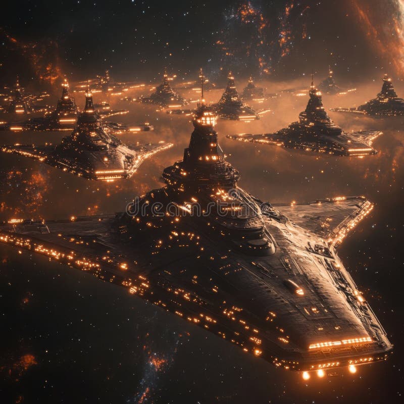 Futuristic Spacecraft Fleet in Deep Space with Glowing Lights Stock ...