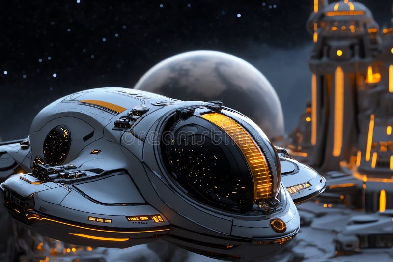 Futuristic Spacecraft Hovering Over a Space Colony with a Distant ...