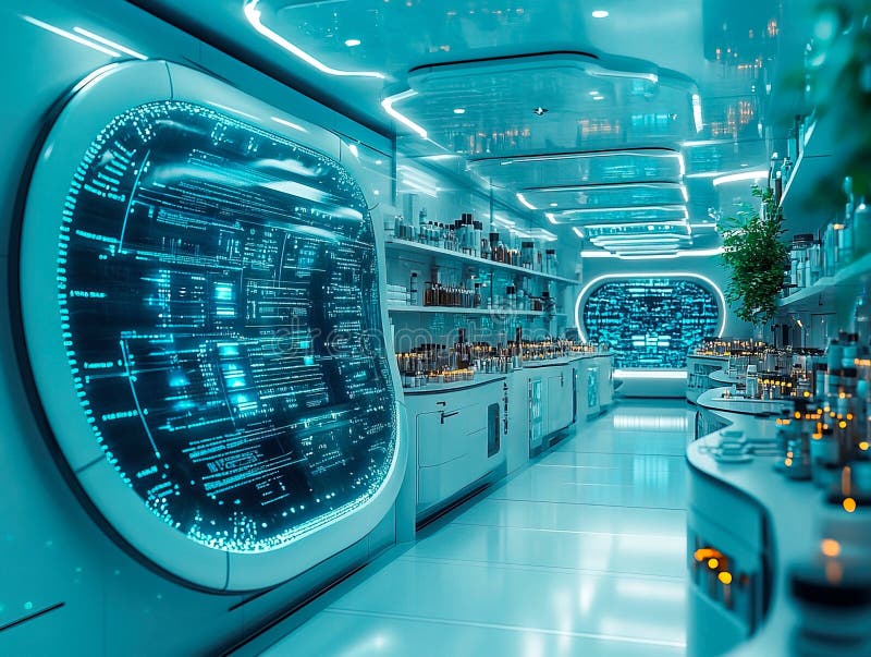 A Futuristic Spacecraft Interior with a Central, Round Display Screen ...