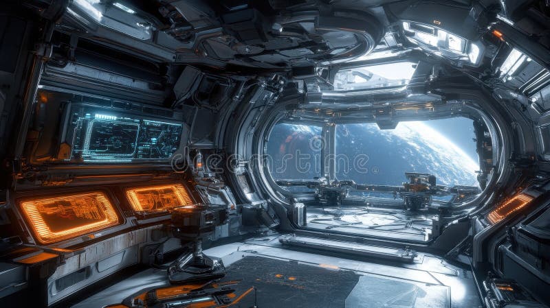 Futuristic Spacecraft Interior with Control Panels and a View of a Distant Planet Stock ...