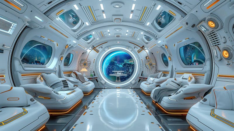 Futuristic Spacecraft Interior with Earth View Stock Illustration ...