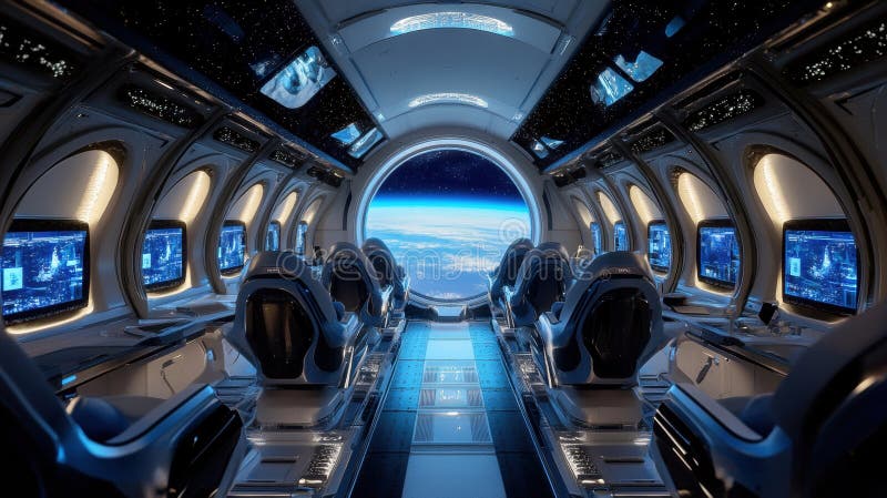A Futuristic Spacecraft Interior with Large Windows Showcasing Earth from Space Stock ...