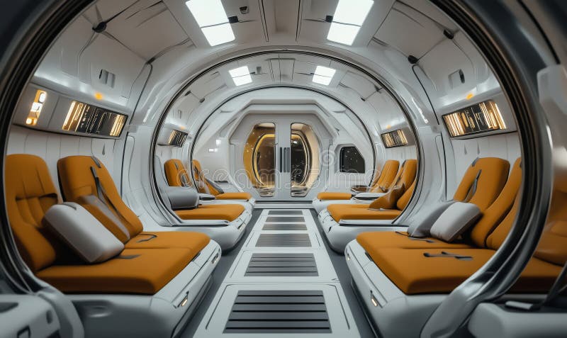 Futuristic Spacecraft Interior with Orange Seating, Sleek Design, and ...