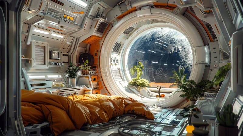 Futuristic Spacecraft Interior with a View of Earth from Space. the ... Futuristic Spacecraft Interior with a View of Earth from Space. the ...