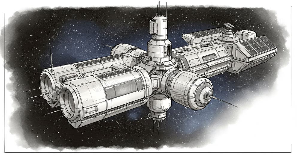 A Futuristic Spacecraft with a Modular Structure Floats in Space. the ...