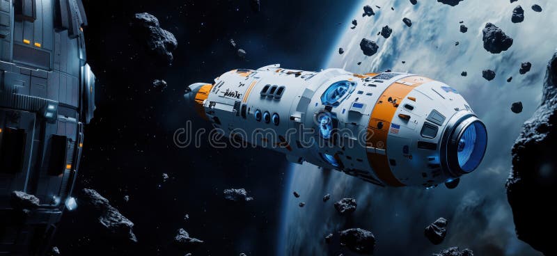 Futuristic Spacecraft Navigating Asteroid Field Near Planet in Deep ...