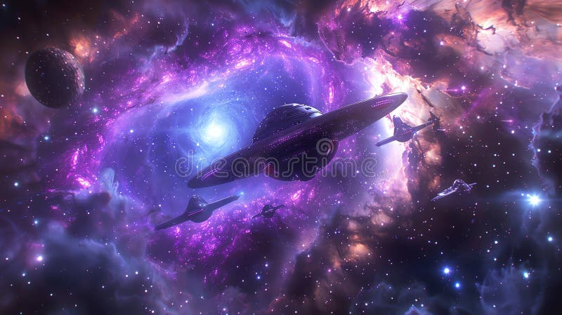 Futuristic Spacecraft Navigating through a Galaxy, Selective Focus ...