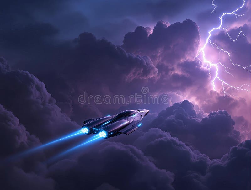 Futuristic Spacecraft Navigating Thunderstorm Clouds with Lightning ...