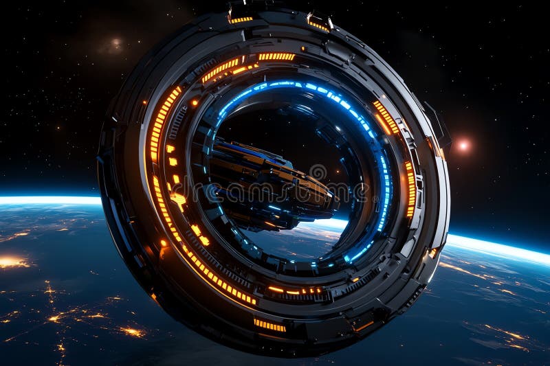 Futuristic Spacecraft in Orbit Above Earth. Vibrant Lights and Detailed ...