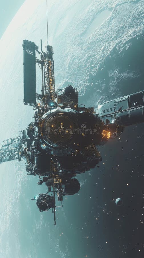 Futuristic Spacecraft Orbiting Earth Detailed Mechanical Design Stock ...