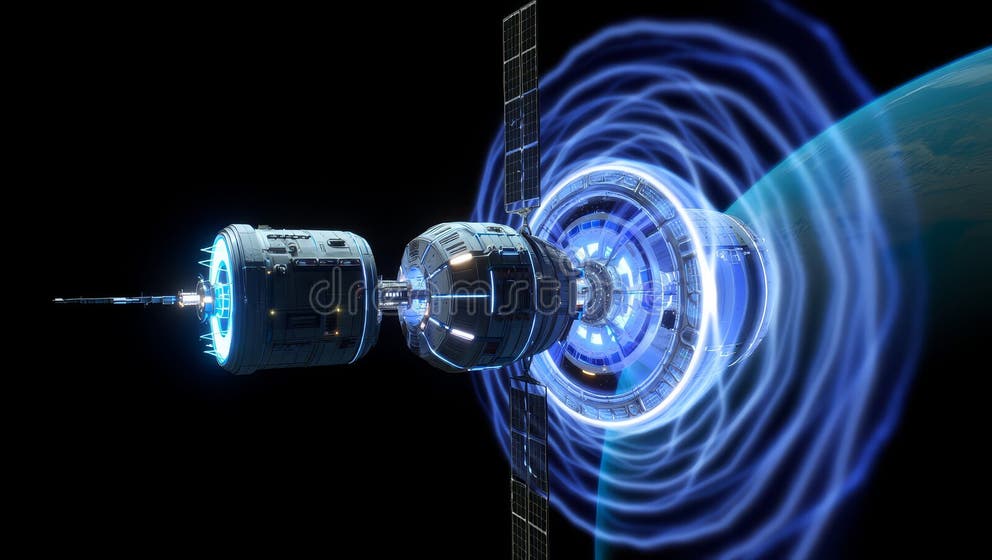 Futuristic Spacecraft Orbiting Earth with Energy Waves Stock Image ...