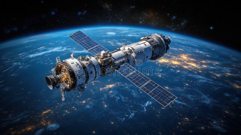 Futuristic Spacecraft Orbiting Earth, Showcasing Advanced Technology ...