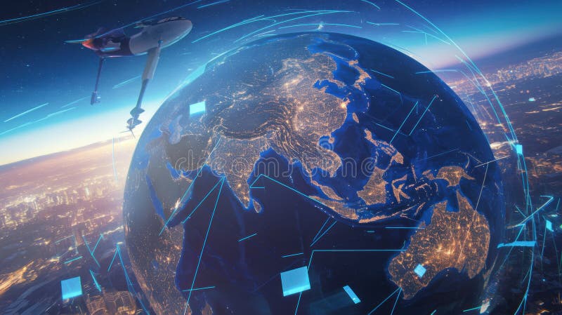 A Futuristic Spacecraft Orbits a Glowing Blue Earth, Surrounded by a ...