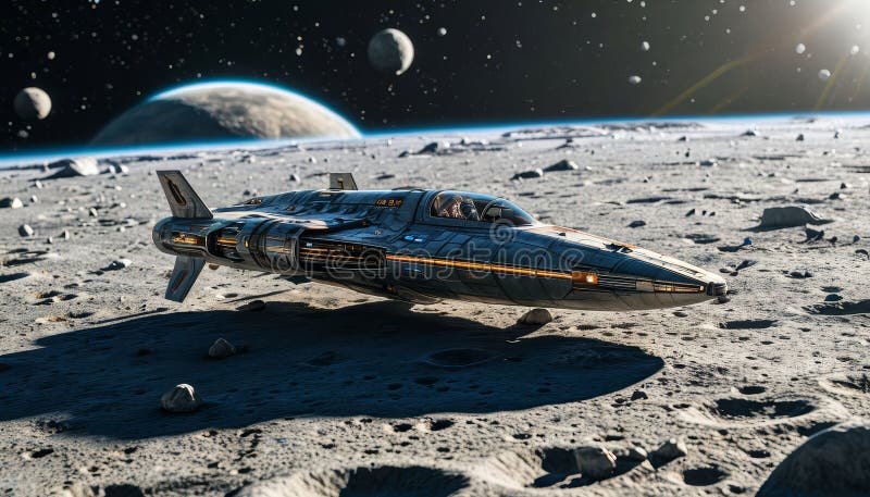 A Futuristic Spacecraft Rests on the Lunar Surface, Surrounded by ...