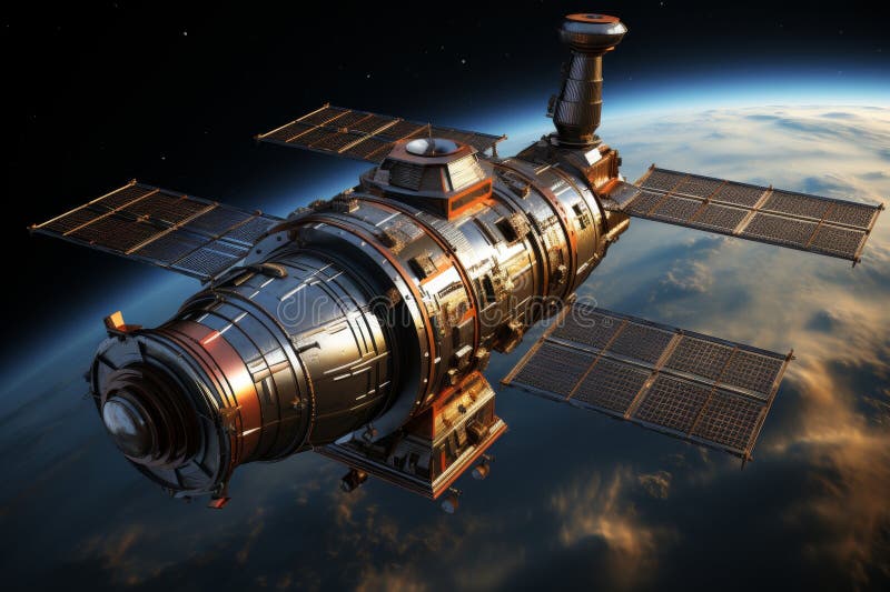 Futuristic Spacecraft with Solar Panels in Orbit Above the Earth Stock ...