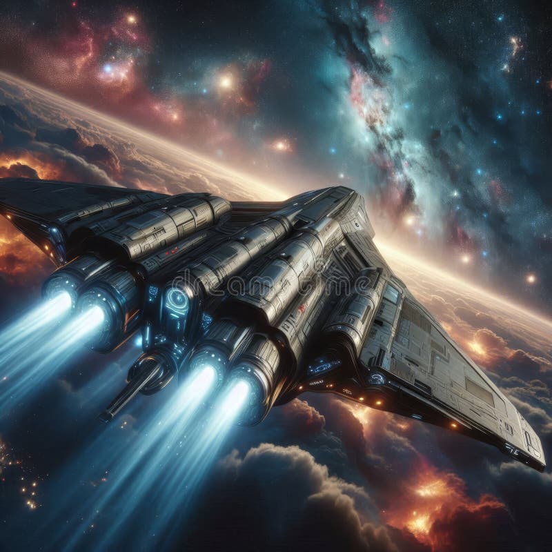 Futuristic Spacecraft Soaring through Space with Glowing Thrusters ...