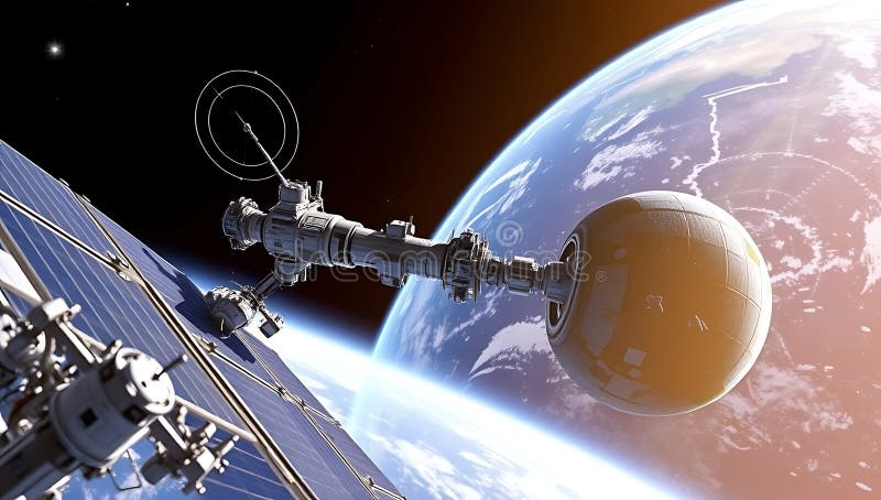 Spacecraft Orbiting Earth with Solar Panels Stock Illustration ...