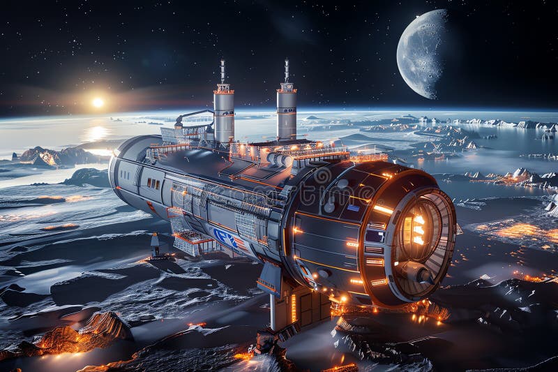 A Futuristic Spacecraft Stationed on a Lunar Surface with Earth Rising ...