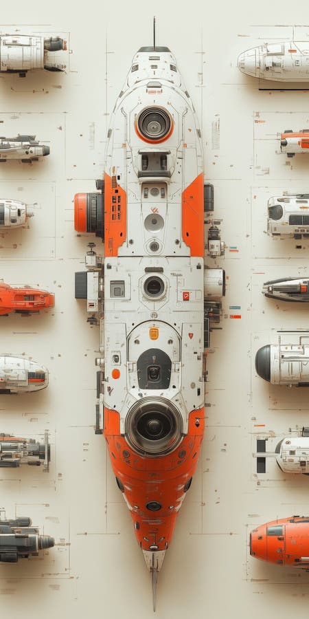 Futuristic Spacecraft Surrounded by Smaller Modules, Featuring a ...