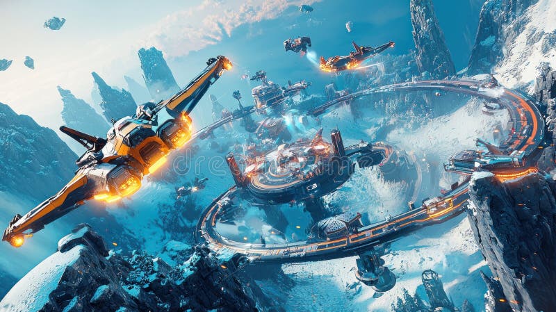 Futuristic Spacecrafts Flying Around a Space Station Concept of Sci Fi ...