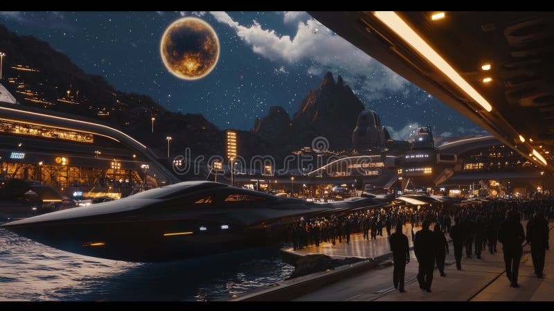 Futuristic Spaceport Adventure Outer Space Digital Art Nighttime Wide ...