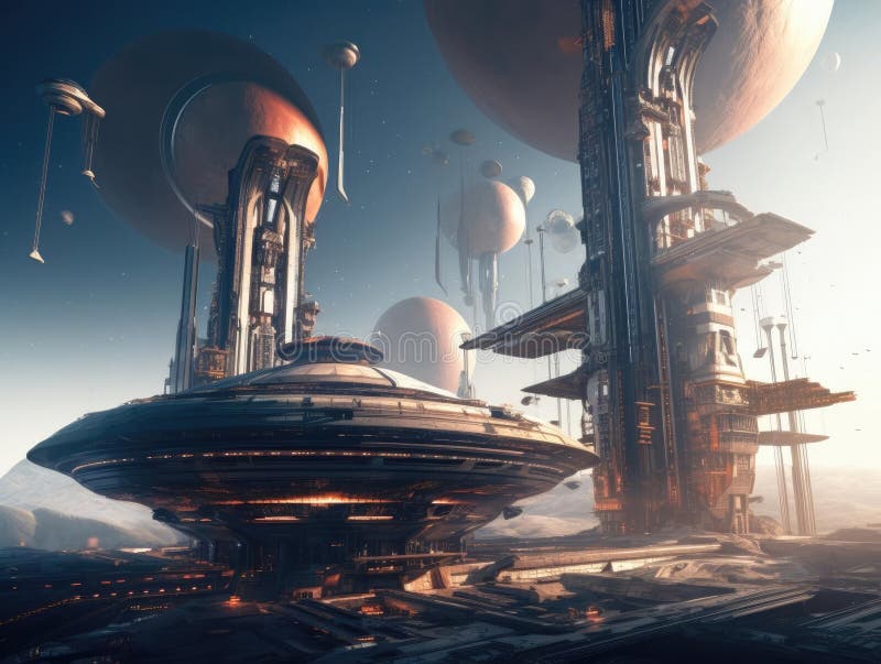 Futuristic Spaceport with Docking Spaceships Stock Illustration ...