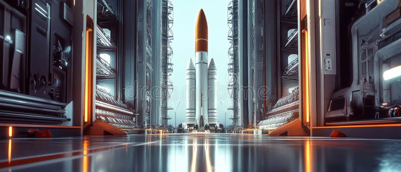 Futuristic Spaceport Featuring a Sleek Rocket Poised for Launch in a ...