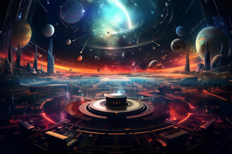 Futuristic Spaceport with Intergalactic Panorama Stock Illustration ...