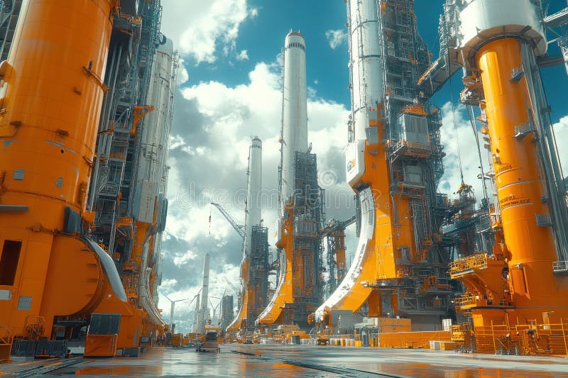 A Futuristic Spaceport with Multiple Rockets on the Launchpad, Ready ...