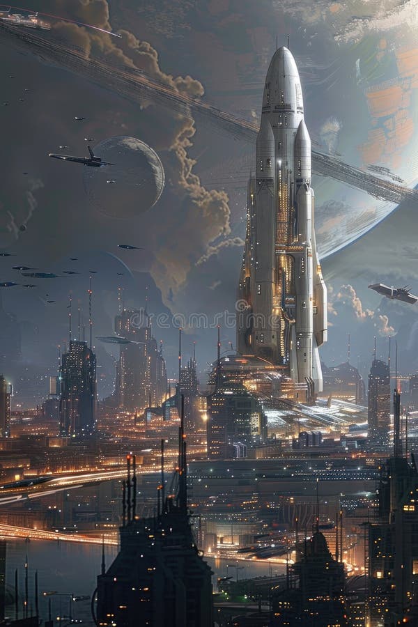 Futuristic Spaceport with Rocket Launching Skyward in an Advanced Sci ...