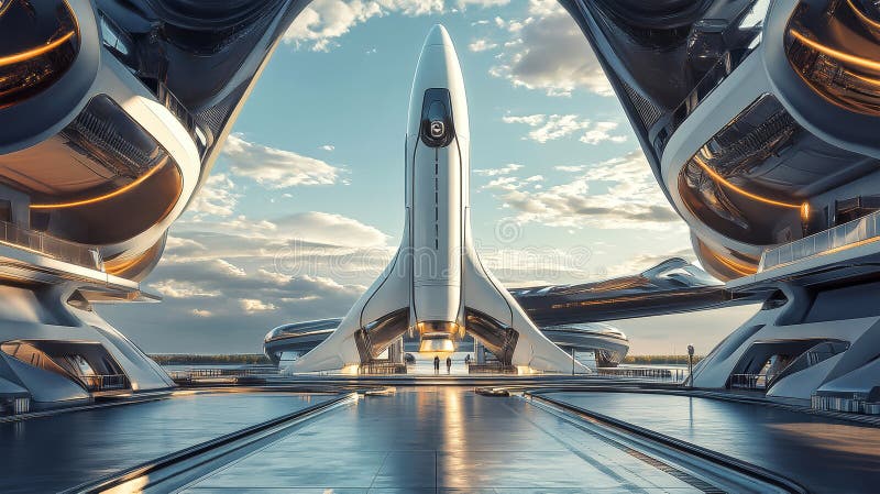 Futuristic Spaceport Showcasing a Sleek Rocket Poised for Launch ...