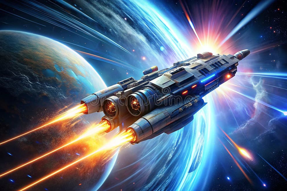 Futuristic Spaceship Accelerating through Space Near Earth Stock ...