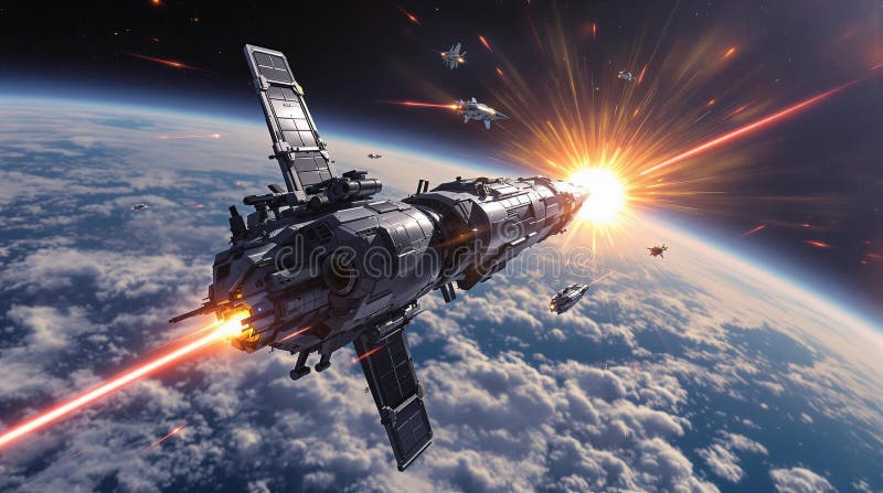 Futuristic Spaceship Battle in Orbit with Explosive Laser Combat and ...
