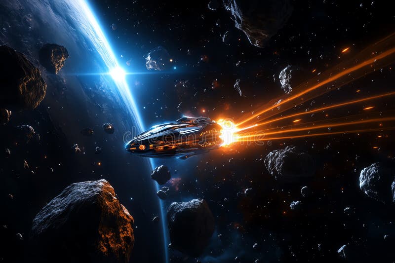 A Futuristic Spaceship Blasts through an Asteroid Field, Leaving a ...
