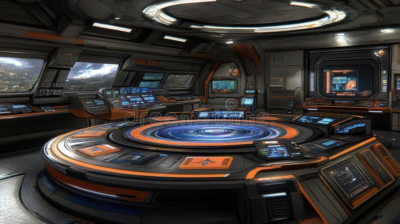 Futuristic Spaceship Bridge Interior: Sleek Consoles and Circular ...