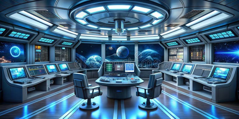 Futuristic Spaceship Bridge Interior with Earth and Moon View Stock ...