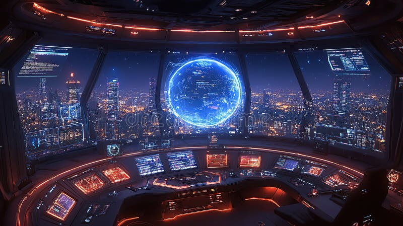 Futuristic Spaceship Bridge Overlooking Night City Stock Photo - Image ...