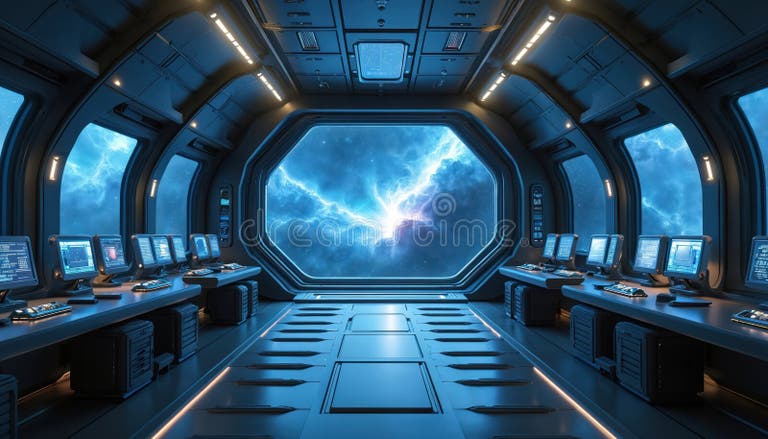 Futuristic Spaceship Bridge View Space Nebula through Large Window ...