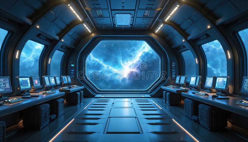 Futuristic Spaceship Bridge View Space Nebula through Large Window ...