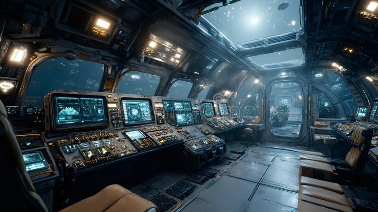 Futuristic Spaceship Bridge with Working Monitors Showing Data during ...