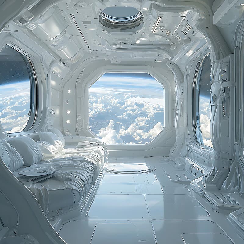 Futuristic Spaceship Cabin with Earth View and Comfortable Seating ...